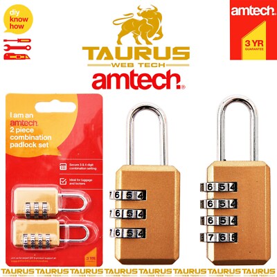 2 x AMTECH Combination Padlock Set 3 & 4 DIGIT Travel Suitcase Luggage ...