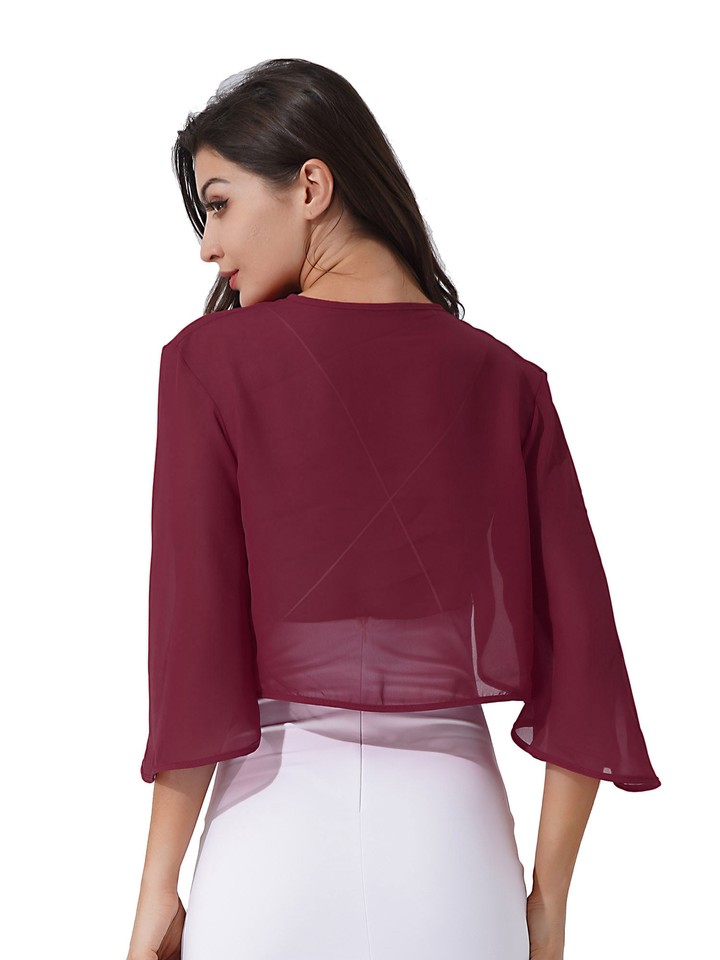 Women Chiffon Solid Bolero Shrug Jackets Open Front 3/4Sleeve Cropped ...