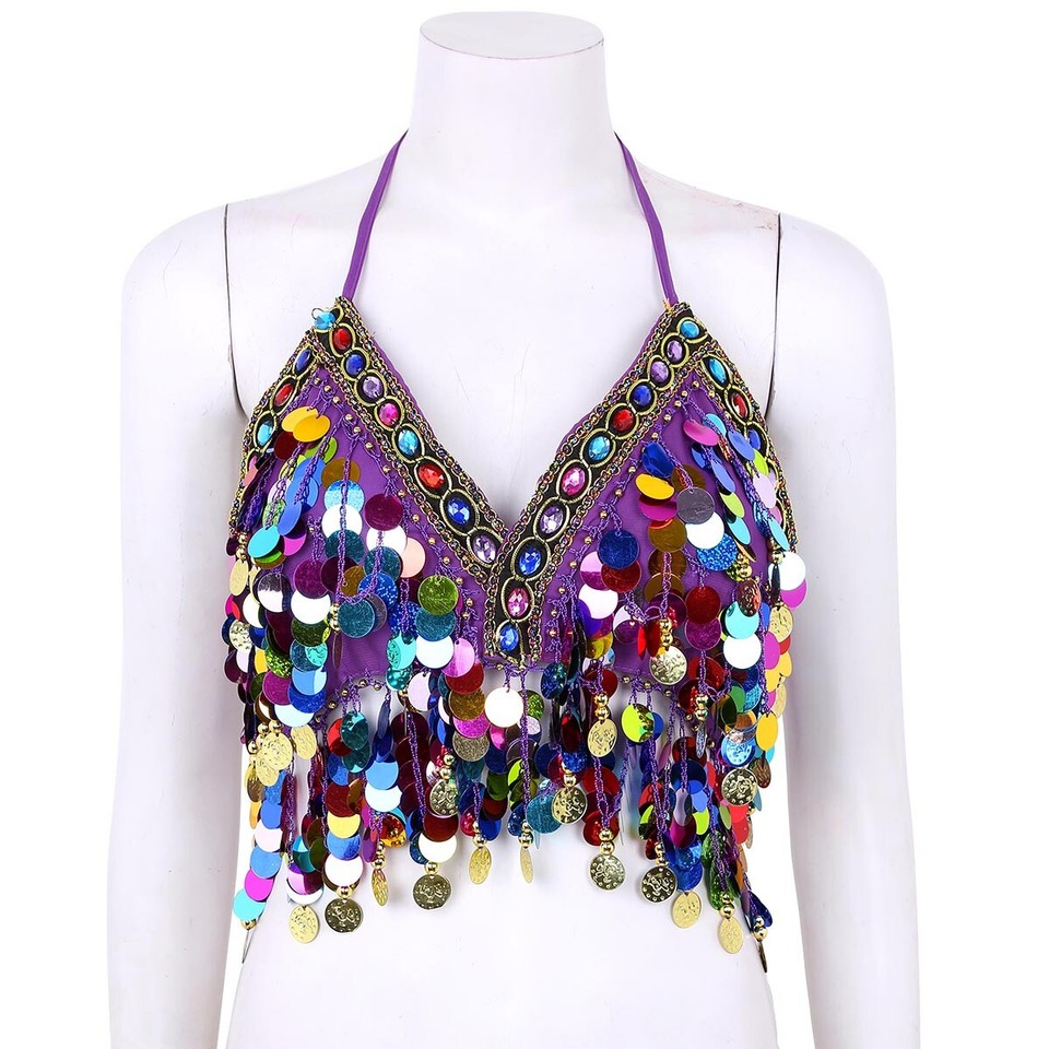 Womens Sequin Halter Salsa Belly Dance Bra Tops Party Club Wear Costume ...