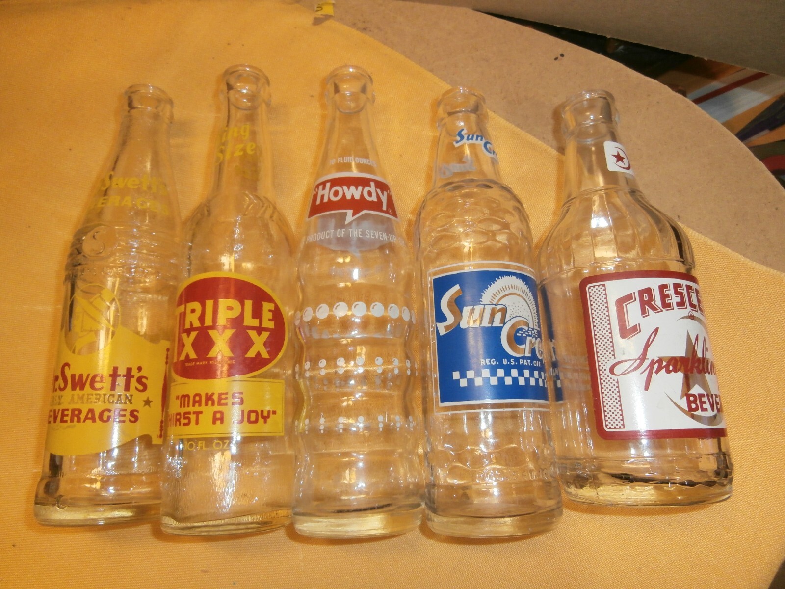 5 Vintage Soda Bottles Crescent Howdy Dr Swett's Sun Crest Triple XXX ...