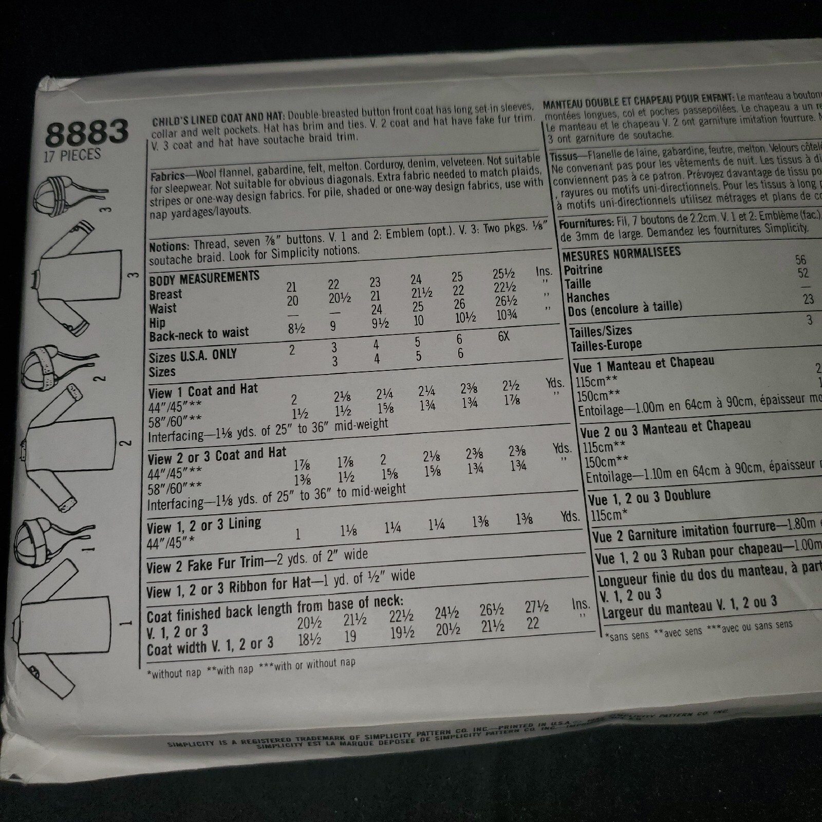 New Uncut Simplicity Pattern 8883 Childs Lined Coat And Hat 1988 FF ...