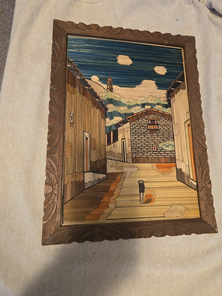 Mexican Straw Mosaic Village Town Road Scene 11.5 X 15.5 | eBay