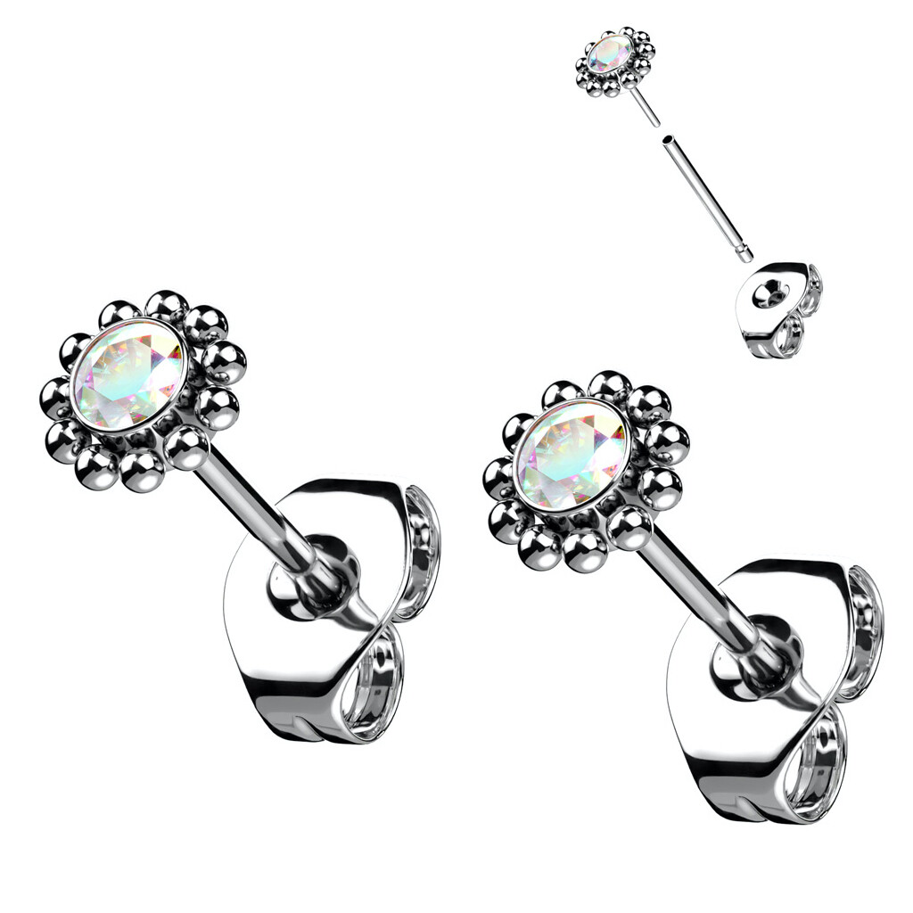 Pair IMPLANT GRADE TITANIUM Flower Crystal CZ Stud Earrings Small Grade ...