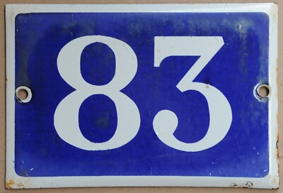 Old blue French house number 83 door gate plate steel enamel plaque ...