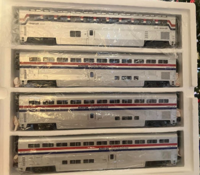 🚂MTH Amtrak SuperLiner 4 Car Passenger Set Red, White, & Blue stripe 20 ...