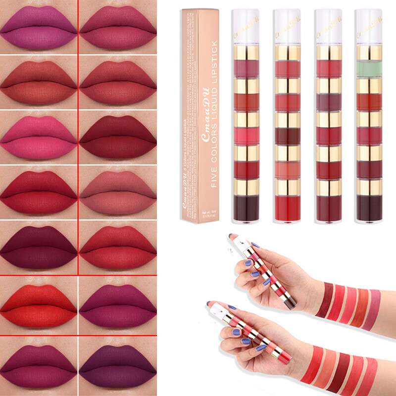 5-IN-1 Lip Gloss Set Velvet Matte Lipstick Waterproof LongLasting Non ...
