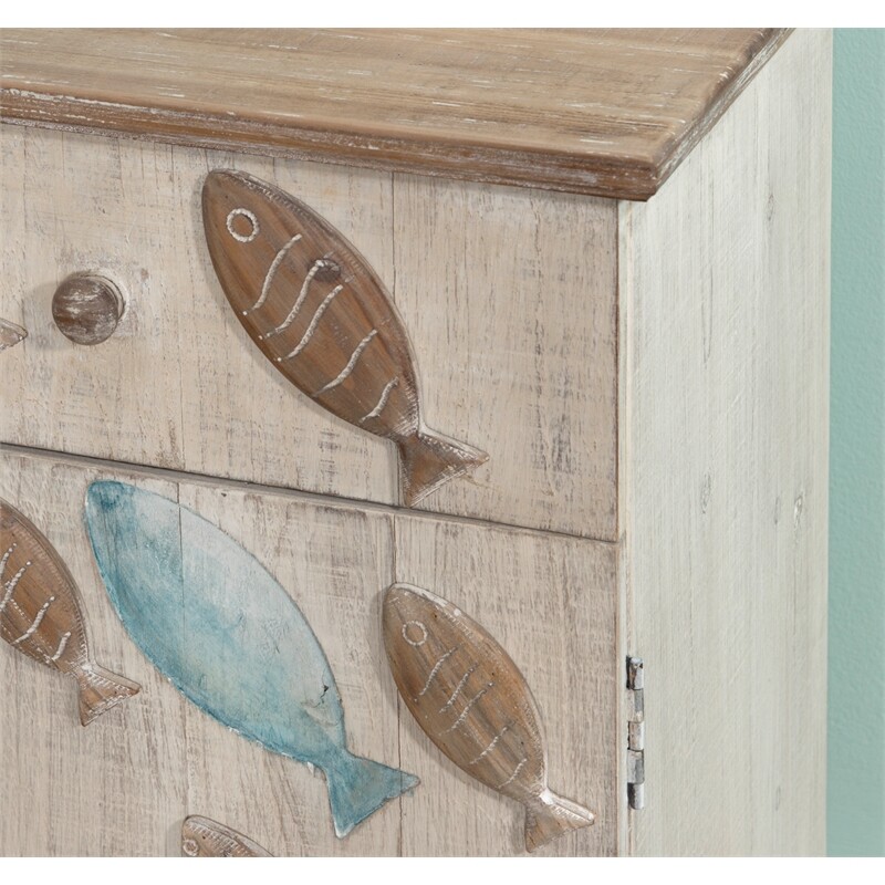 Pemberly Row Carved Fish Wood Storage End Table in Distressed White ...