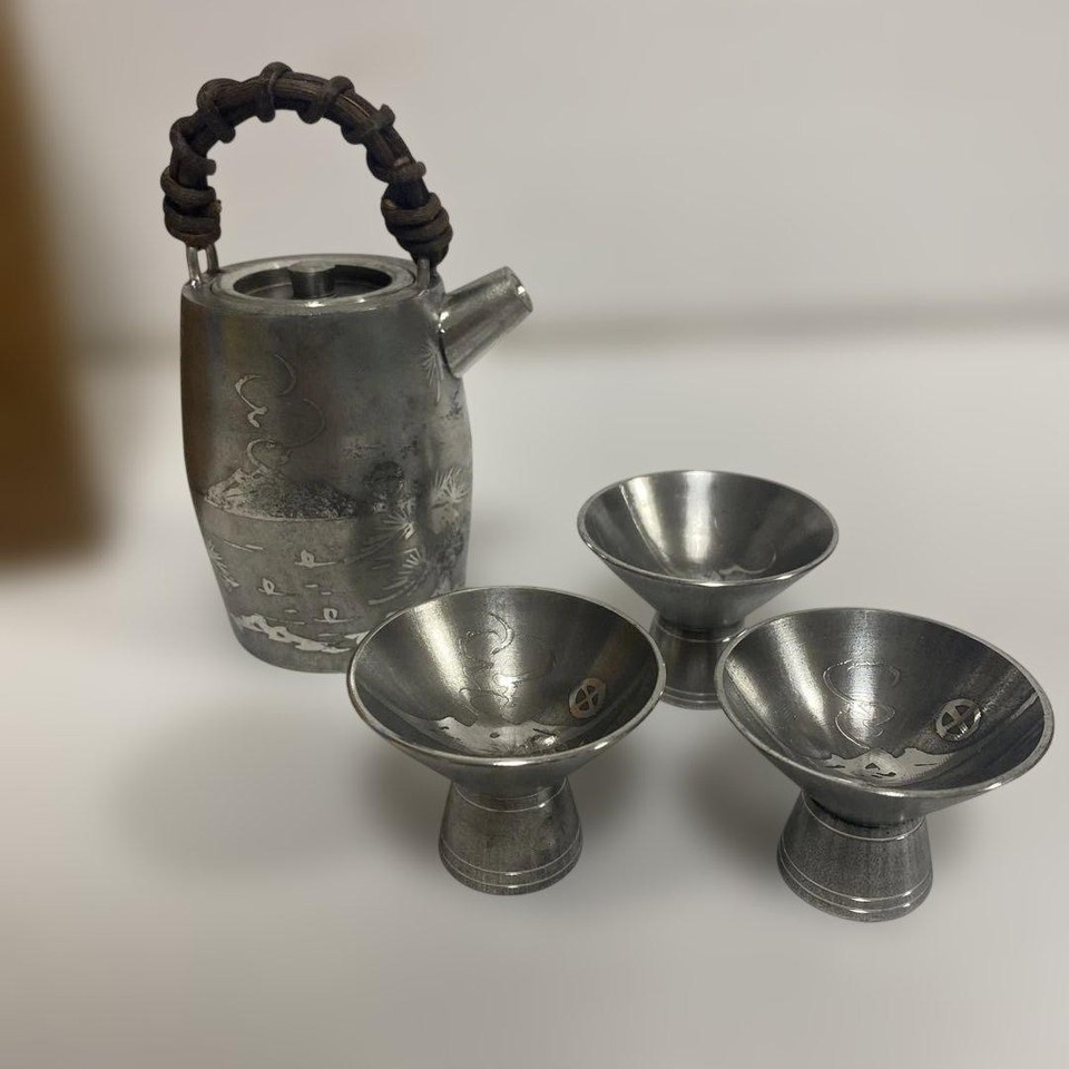 Satsuma Tin Sake Set 3 Cups & Tokkuri Iwakiri Sakurajima Kagoshima ...