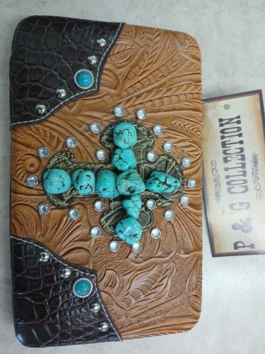 Turquoise And Rhinestone Studded Western Style Wallet With Cross | eBay