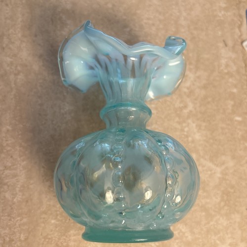 Fenton Blue Opaline Diamond Optic Melon Beaded Vase Signed Don Fenton ...