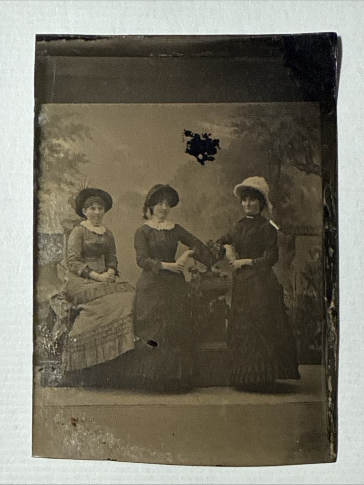 3 Victorian Women Fancy Hats antique 1870s Tintype Photo Dresses | eBay
