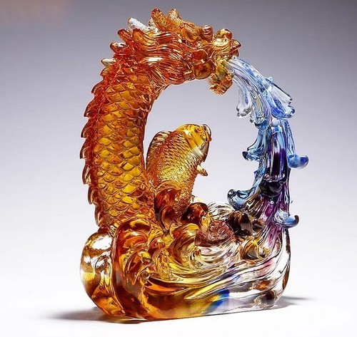 Chinese Liu Li Crystal Glass Jumping Carp Fish Dragon Gate Statue Feng ...