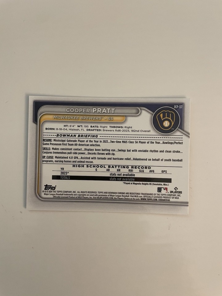 2024 Bowman - Chrome Prospects Cooper Pratt #BCP-137 (RC) | eBay
