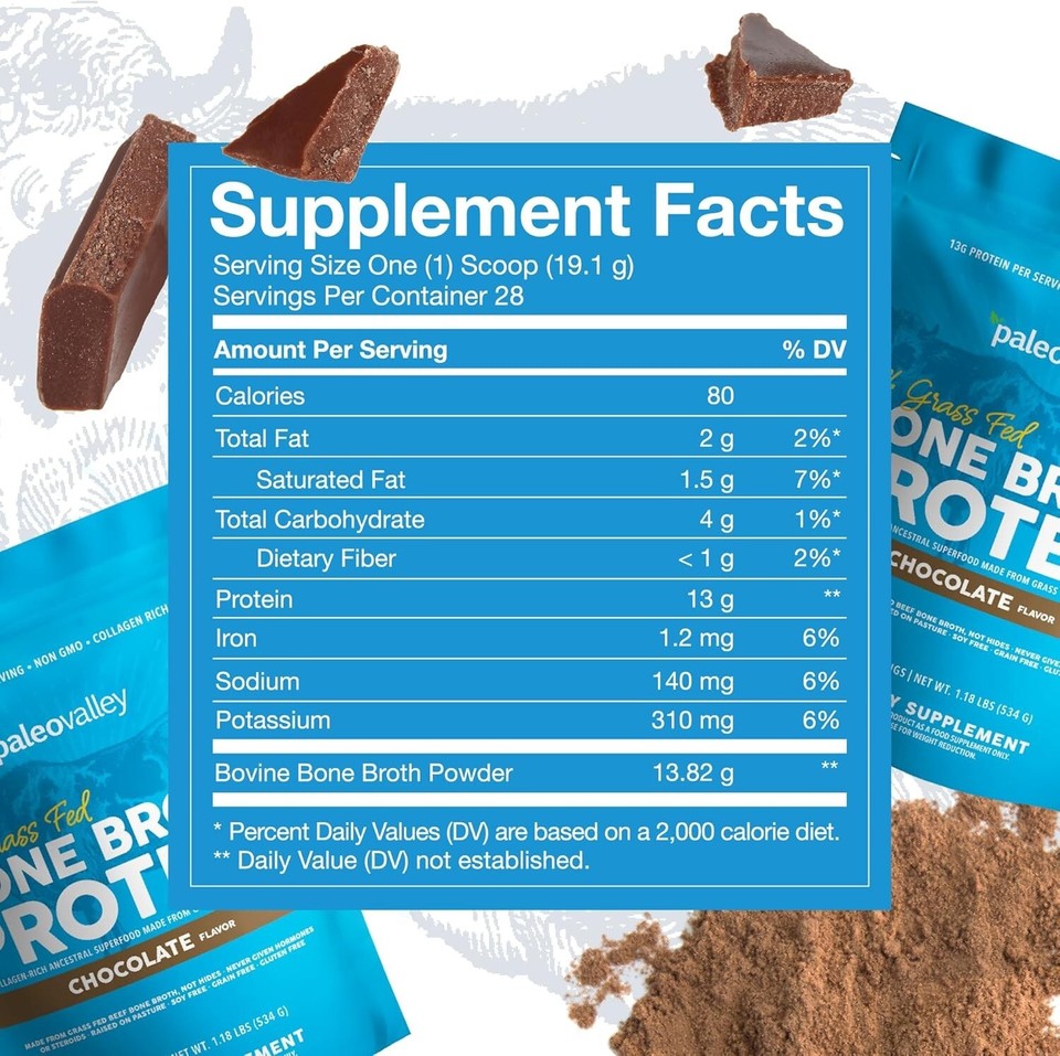 100% Grass Fed Bone Broth Protein Powder - Chocolate - Rich in Collagen ...