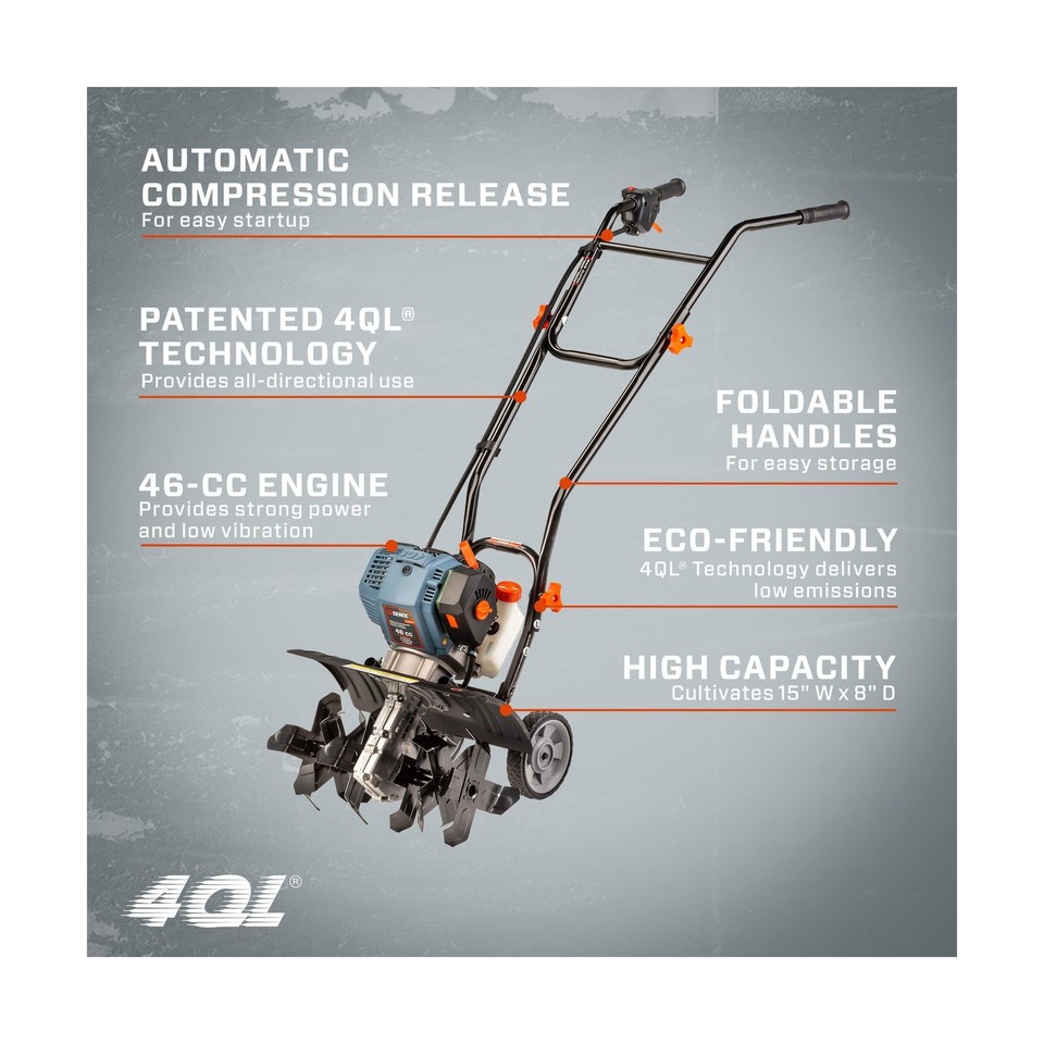 SENIX 4QL® 46 cc 4-Cycle Gas Powered Tiller Cultivator, 6 Premium Steel ...