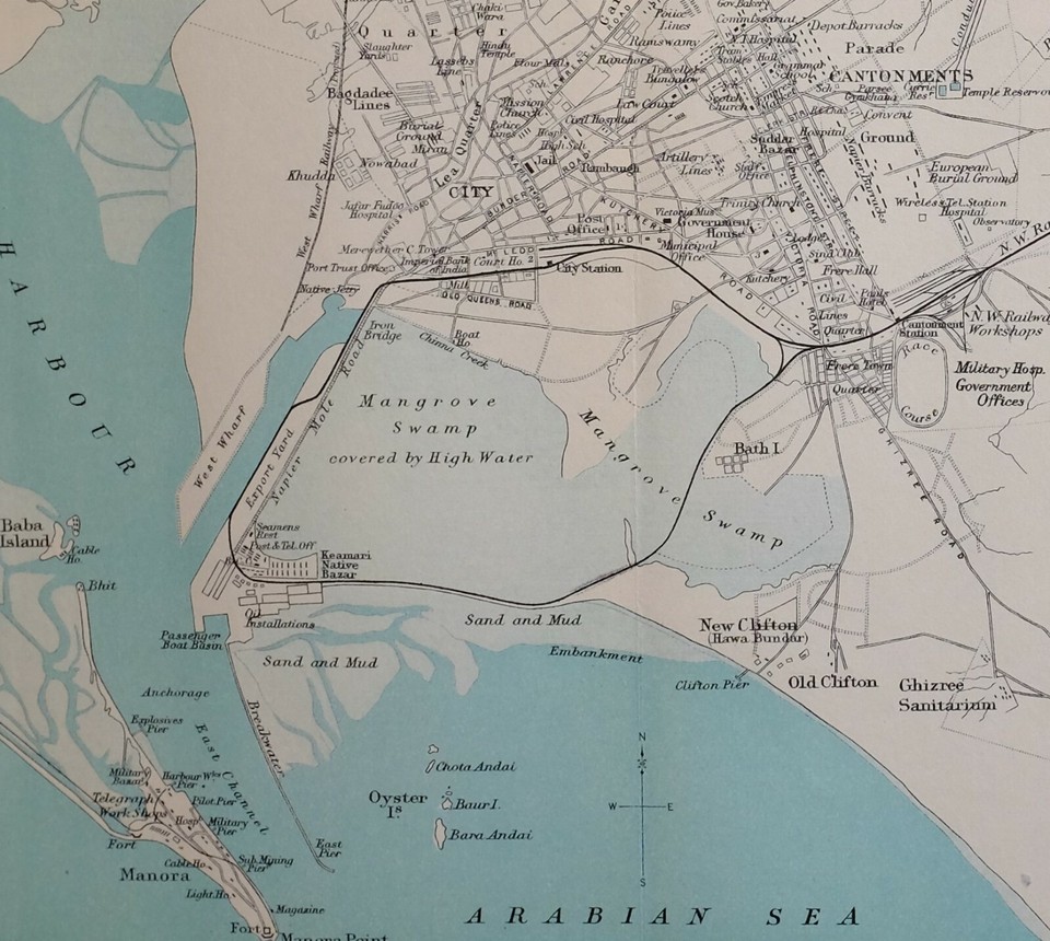1955 INDIA INDIAN PAKISTAN TOURIST MAP KARACHI & ENVIRONS CANTONMENTS ...