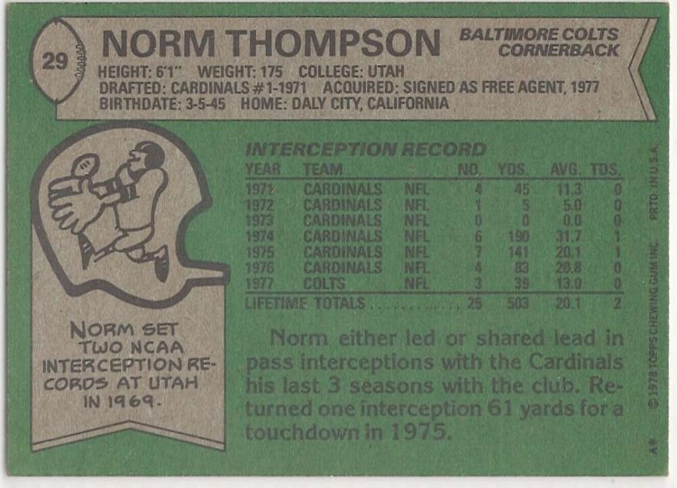 NORM THOMPSON 1978 Topps #29 Colts ID:6564 | eBay