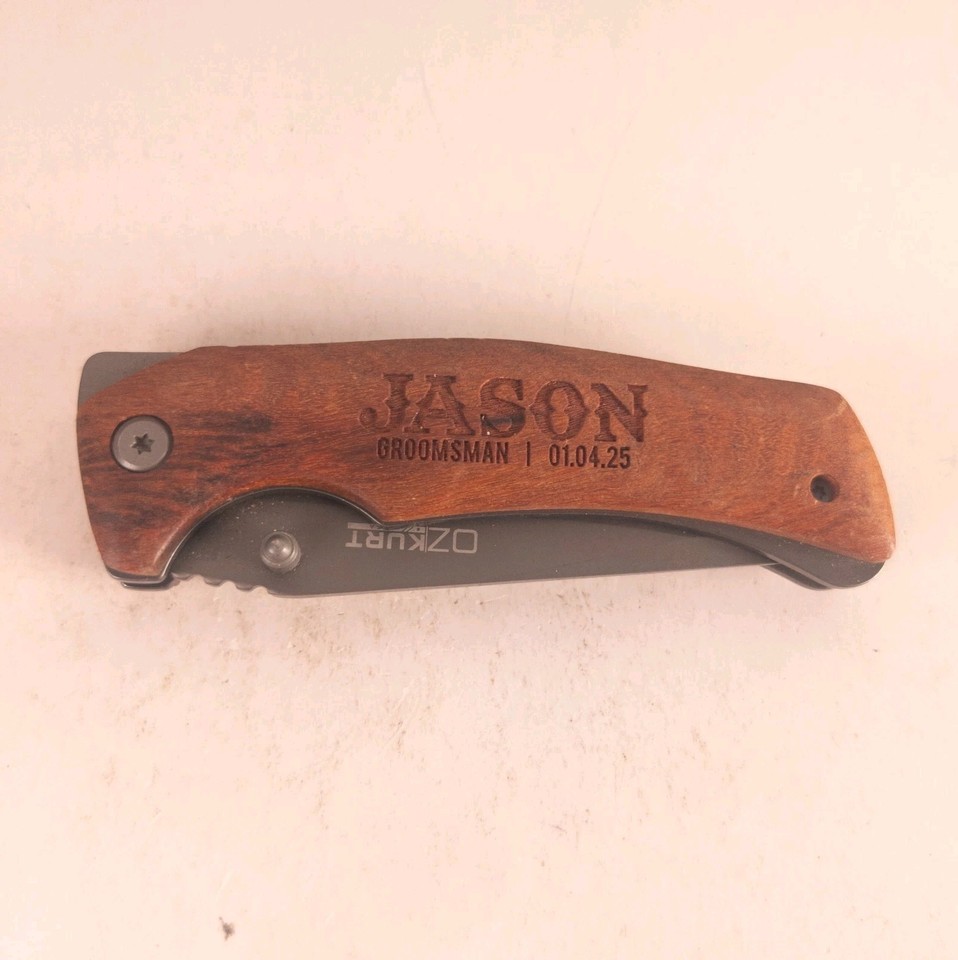 OzKurt Knife Liner Lock Folding Wood Scales Engraved 5oz Jason ...