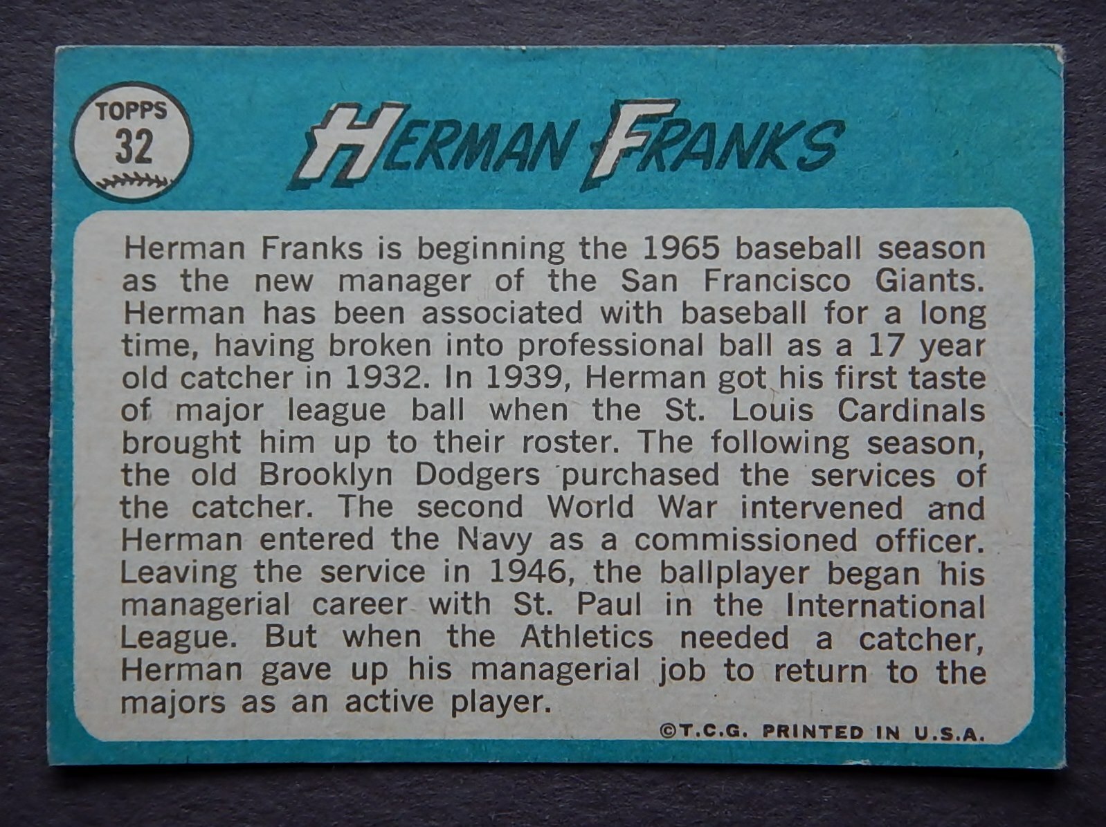 Herman Franks #32 Topps 1965 Baseball Card (San Francisco Giants) VG | eBay