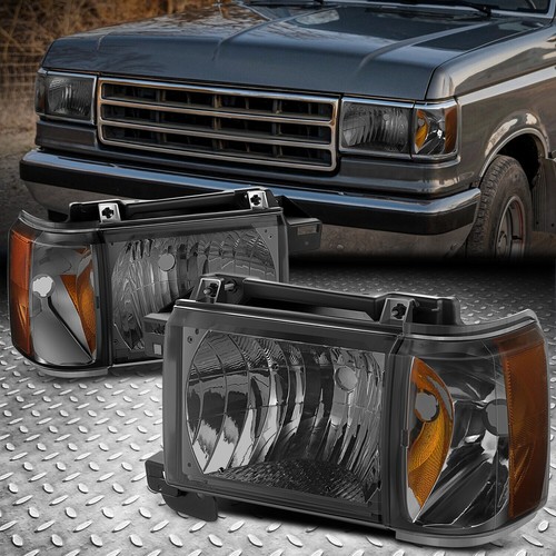 For 87-91 Ford F-150 F-250 F-350 Bronco Headlight Head Lamps Smoked ...