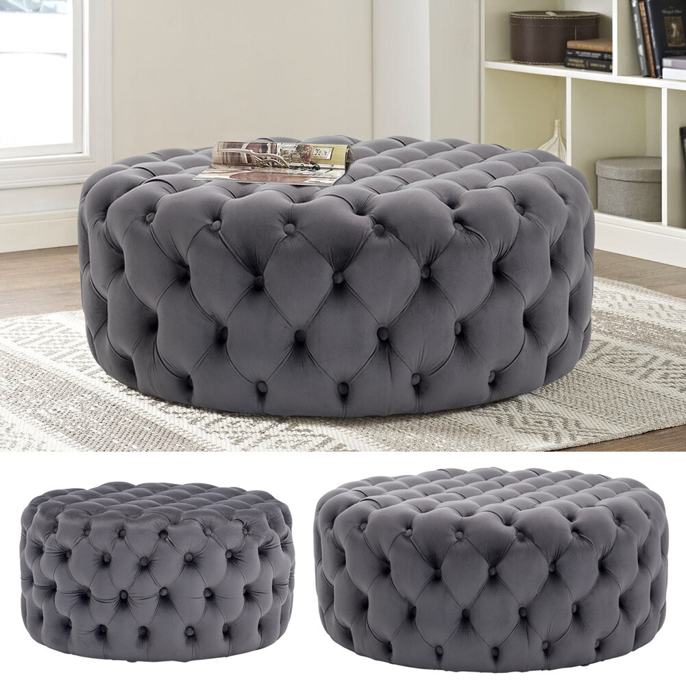 Velvet Upholstered Tuffet Grey Buttoned Round Footstools Tables Square ...