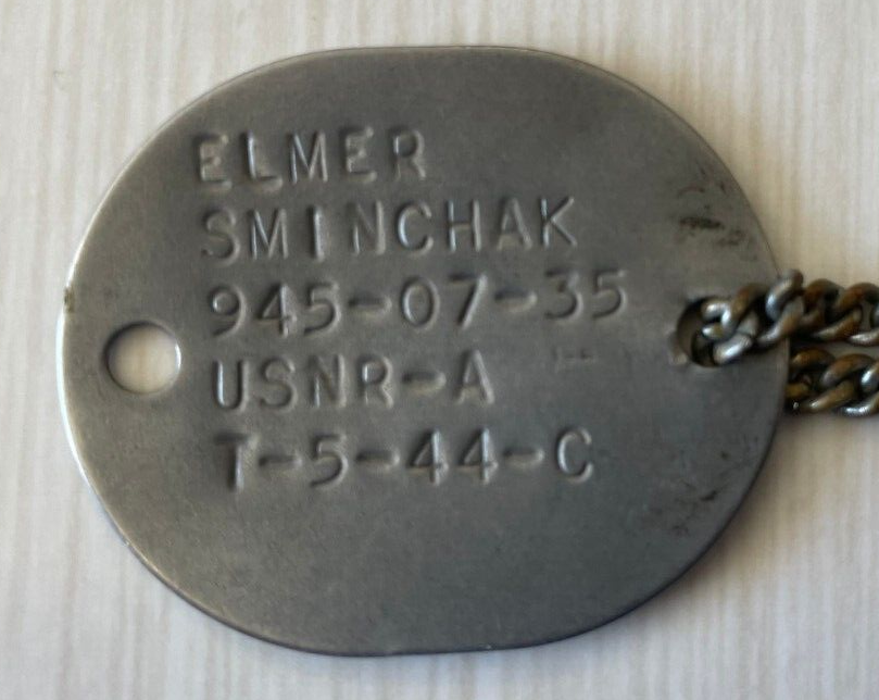 1944 Military Dog Tag & Chain Elmer Sminchak USNR-A T-5-44-C Rare ...