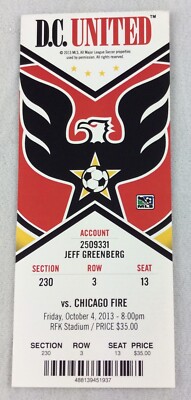 MLS 2013 10/04 Chicago Fire at D.C. United Soccer Full Ticket | eBay