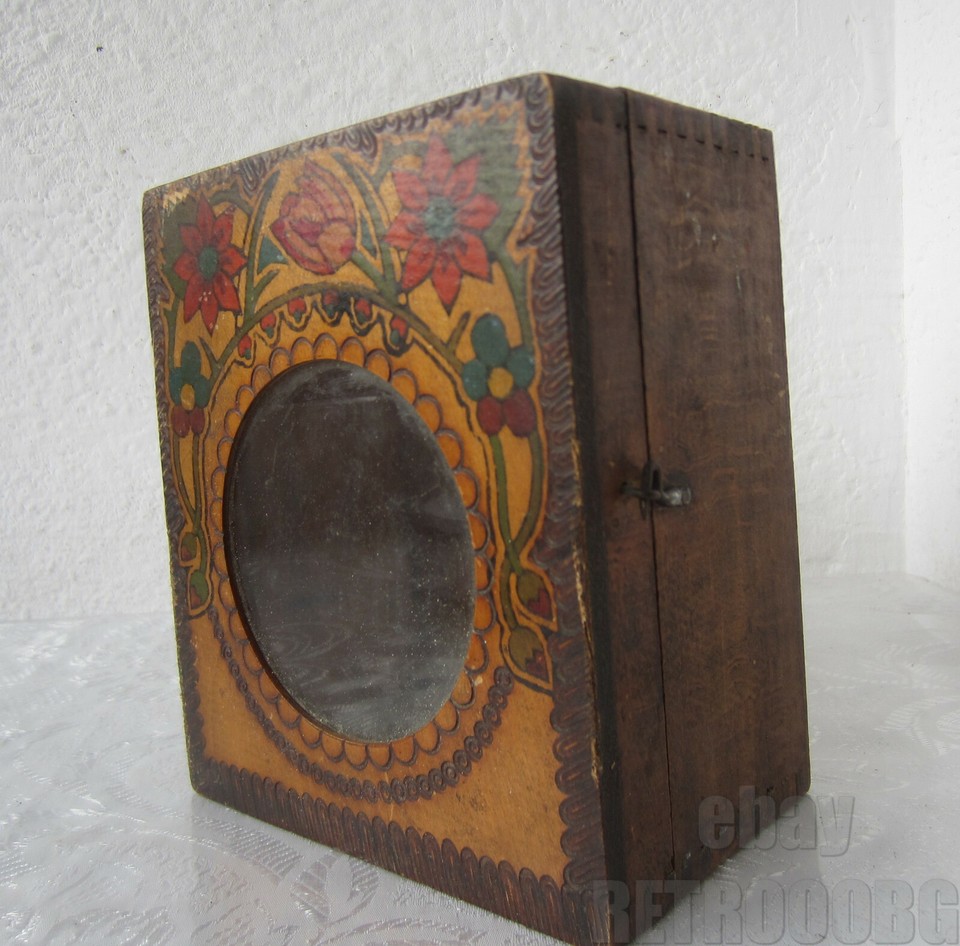 ANTIQUE PRIMITIVE HAND PAINTED WOODEN WALL HANGING alarm CLOCK BOX, old ...
