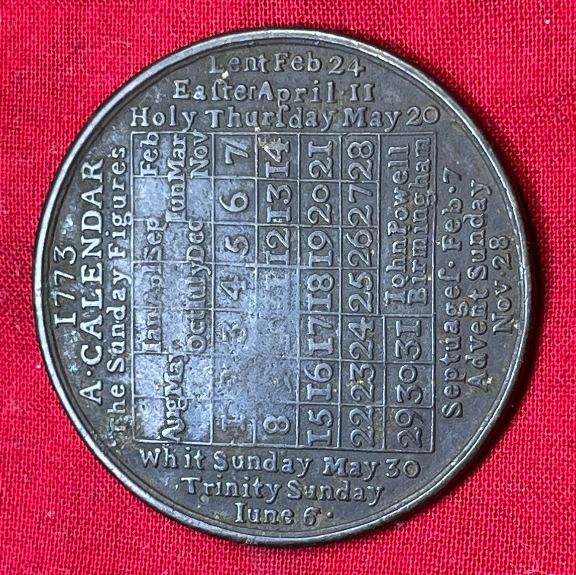 1773 Calendar Token Or Medal Brass 42mm Moon Cycles, Days In Month ...