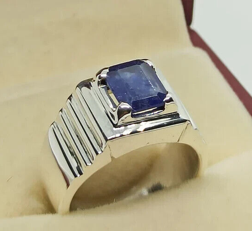 Emerald Cut Natural Royal Deep Blue Sapphire Mens Ring Sterling Silver ...