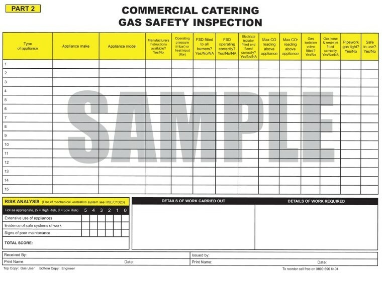 COMMERCIAL CATERING ENGINEERS GAS SAFETY INSPECTION CERTIFICATE PADS 25 ...