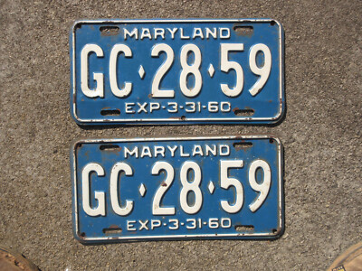 1960 Maryland Blue White License Plate Pair GC 2859 MD Ford Chevrolet ...