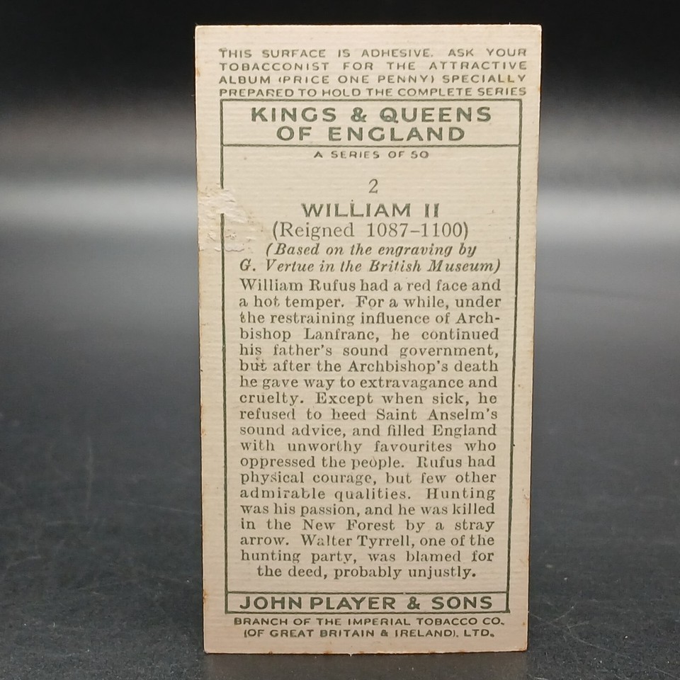 1935 Player's Kings & Queens Off England #2 WILLIAM II Tobacco ...