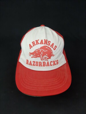 Vintage 1980's Arkansas Razorbacks Hogs Red White Snapback Hat Cap Mesh ...