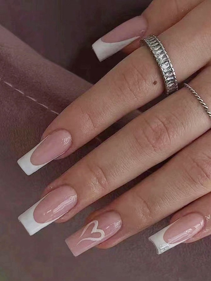 24pcs Square French Style with Painted Heart Nail Set False Nails Press ...