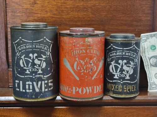 3 Lot Golden Rule Antique c1900 Spice Tin Baking Powder Toleware Style ...