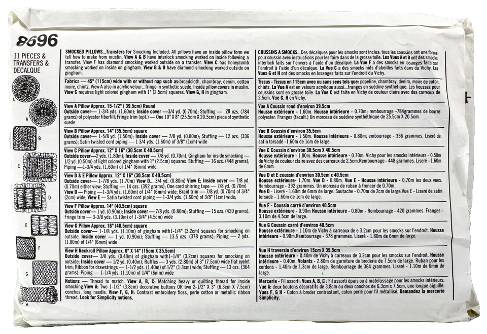1993 Simplicity Sewing Pattern 8696 Smocked Decorator Pillows 8 Styles ...