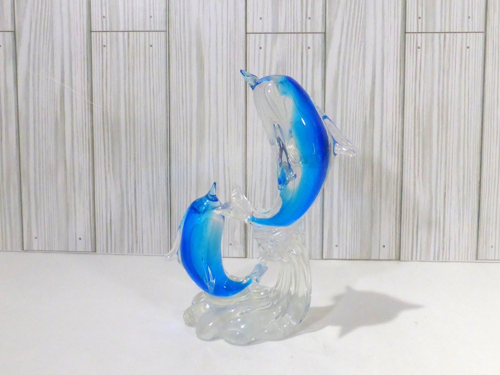 Cobalt Blue Glass Mom Dolphin & Baby Dolphin On Clear Glass Wave ...