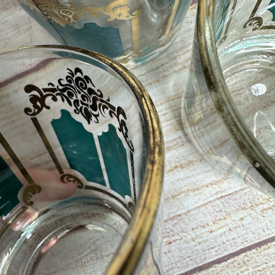 Vintage MCM Teal Gold Scroll Set of 3 Lowball Rocks Glasses Old ...