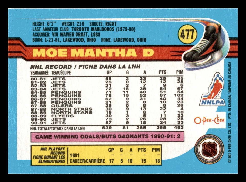1991-92 O-Pee-Chee Moe Mantha #477 Winnipeg Jets Mint | eBay