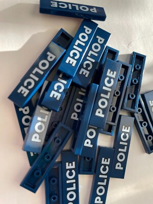 LEG0-NEW-#2431pb660- DARK BLUE-1 X 4 TILE/ WHITE POLICE LETTERING -5 ...