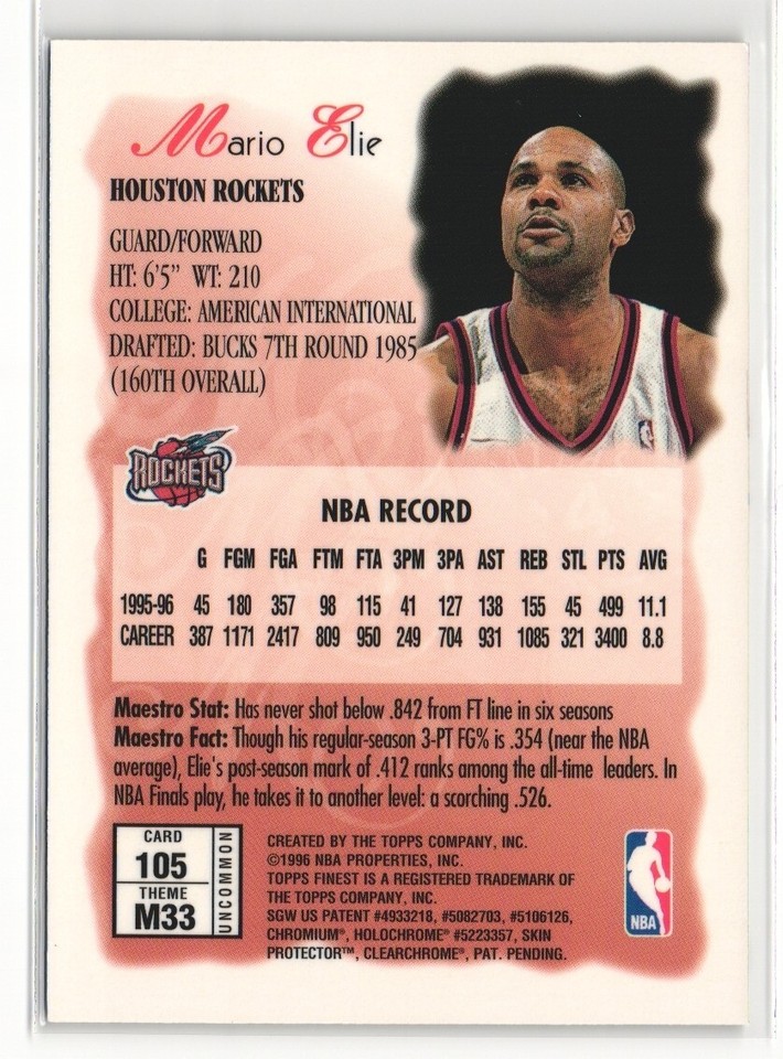 Mario Elie 1996-97 Finest #105 Houston Rockets | eBay