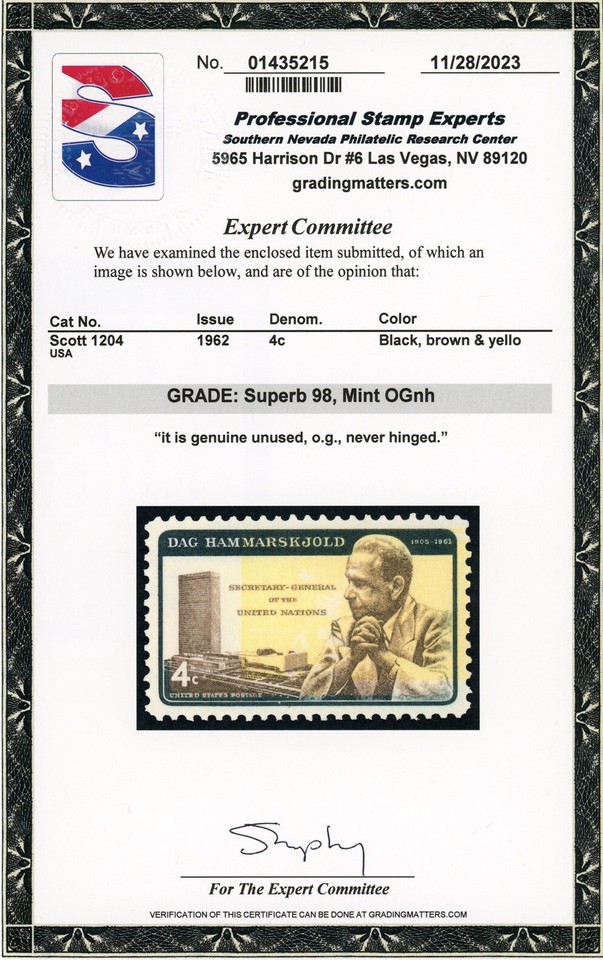 US Stamp #1204 Dag Hammarskjold 4c - PSE Cert - SUP 98 - MNG - SMQ $65. ...