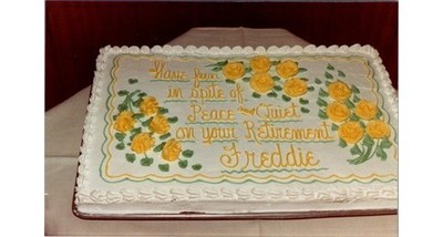 Freddie Retirement Cake Photo 1970s Sheet Cake Yellow Roses Fun & Quiet ...