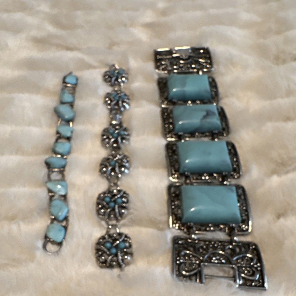 Natural Southwestern Turquoise Silver Beaded Charm Link Bracelets Set ...