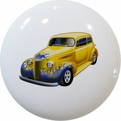 Hot Rod CAR Yellow Blue Flames CABINET DRAWER Pull KNOB | eBay