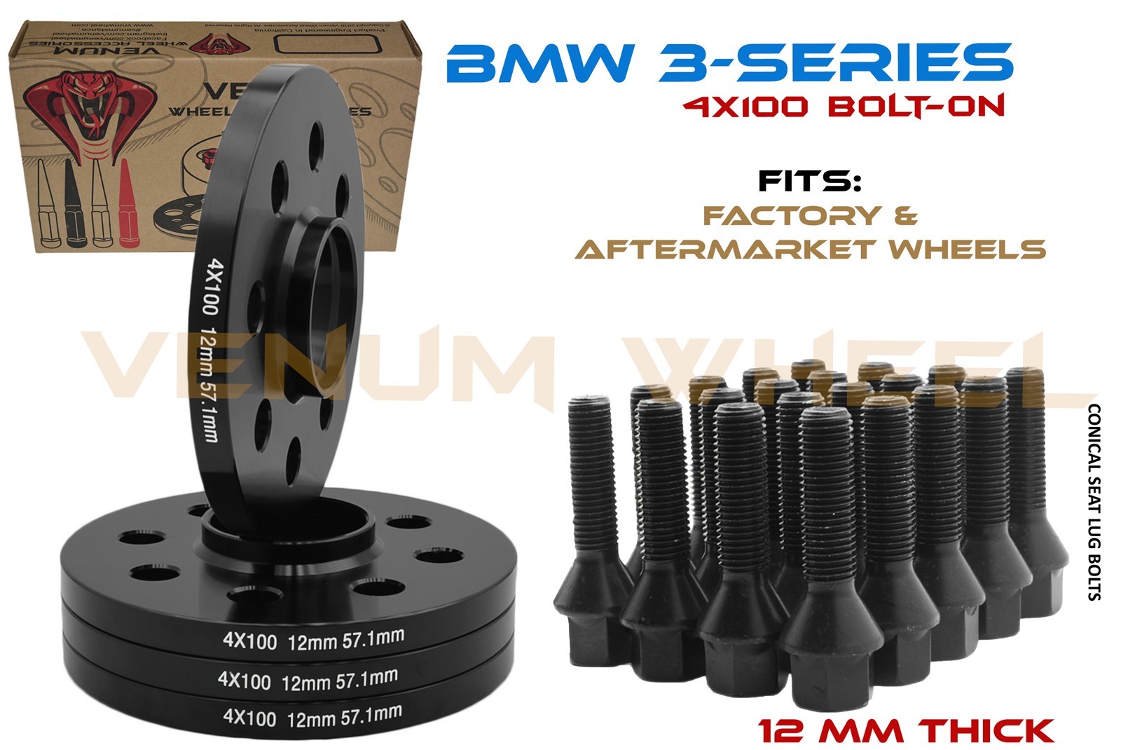 4pc 12MM BMW 4x100 Black Hub Centric Kit Fits OEM/Aftermarket Wheels 57 ...