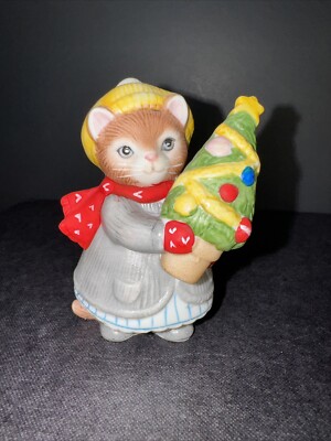 🎄VTG Kitty Cucumber Ginger with Christmas Tree Holliday Bisque Figurine ...