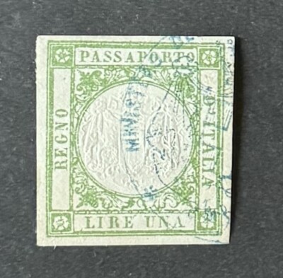 Italy Matraire 1861 One Lira Passport Stamp Used Marca Per Passaporto ...