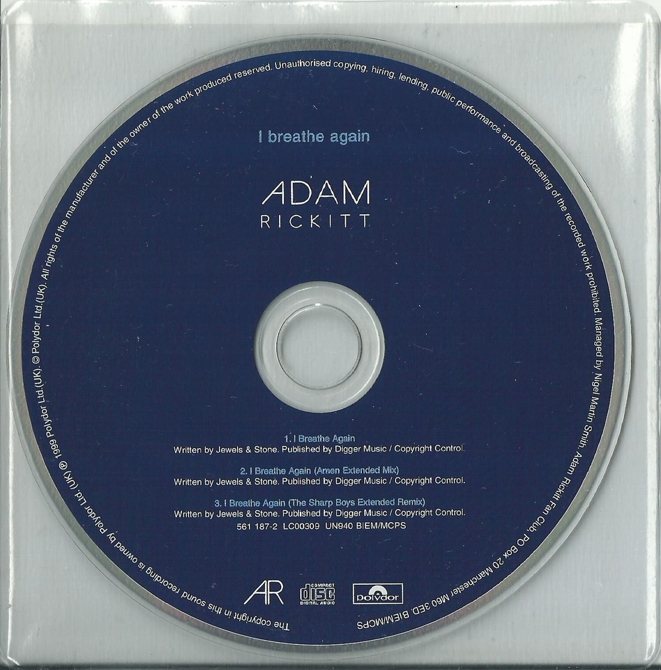 ADAM RICKITT - I BREATHE AGAIN 1999 UK CD W/ POSTER REMIXES BY AMEN ...